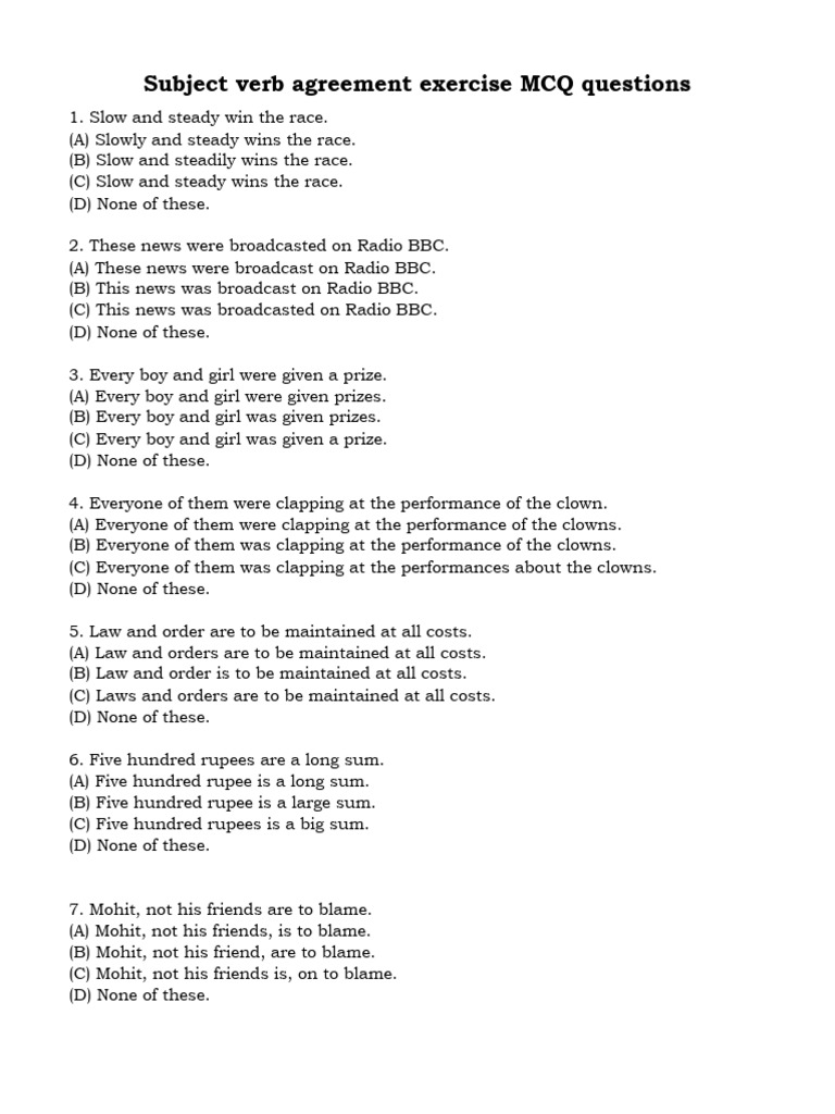 Subject Verb Agreement Exercise MCQ Questions 52 | PDF