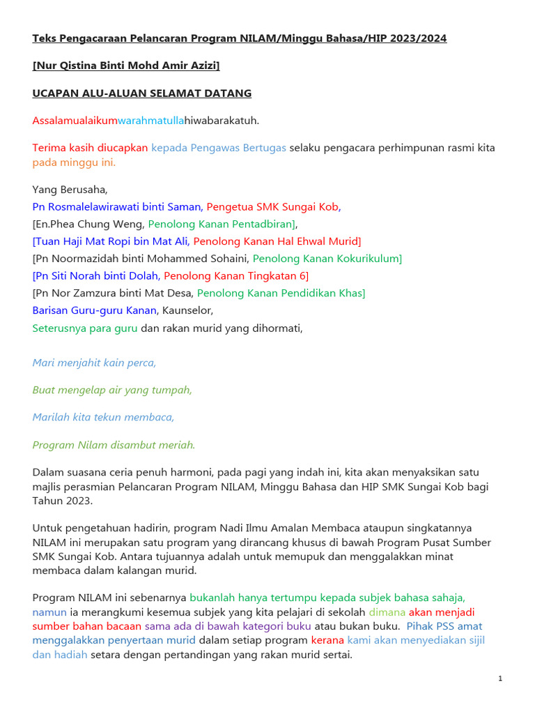 Teks Pengacaraan Pelancaran Program NILAM, Minggu Bahasa Dan HIP 2023 Edited Version | PDF