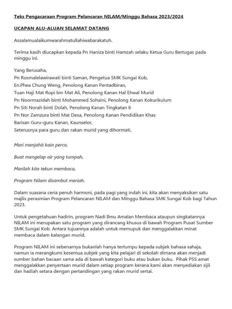 Teks Pengacaraan Program Pelancaran NILAM Dan Minggu Bahasa 2023 | PDF