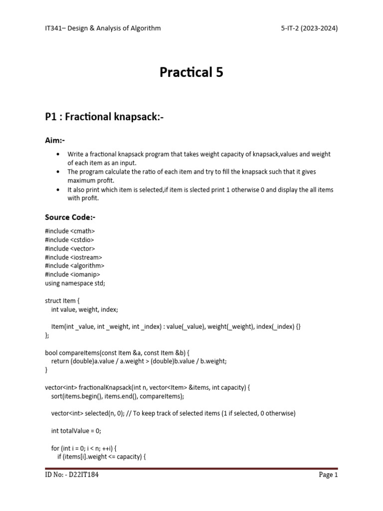 D22IT184 DAA Practical5 | PDF | Algorithms | Applied Mathematics
