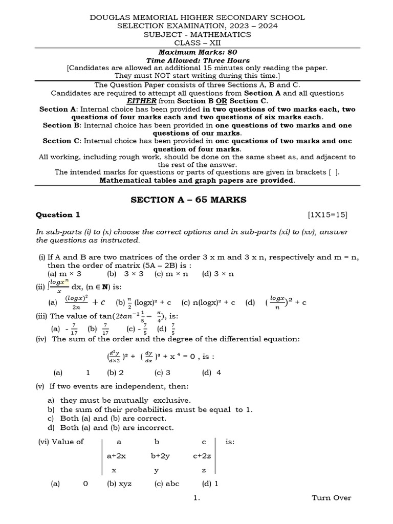 Maths Selection Paper 12 2023-2024 | PDF | Matrix (Mathematics) | Algebra