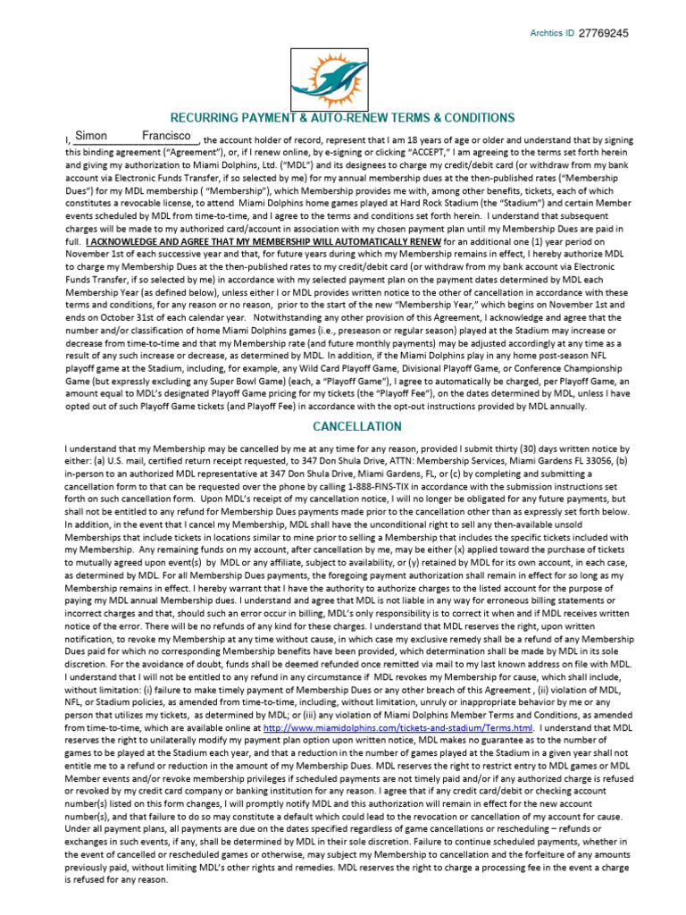 2022 Miami Dolphins Recurring Payment Agreement - Encrypted | PDF | Credit Card | Debit Card