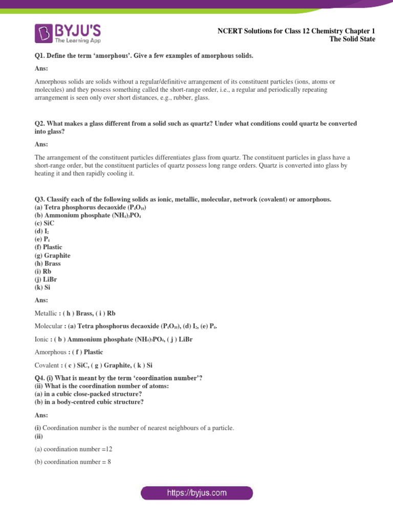 NCERT Solutions For Class 12 March 30 Chemistry Chapter 1 The Solid State | PDF | Magnetism ...