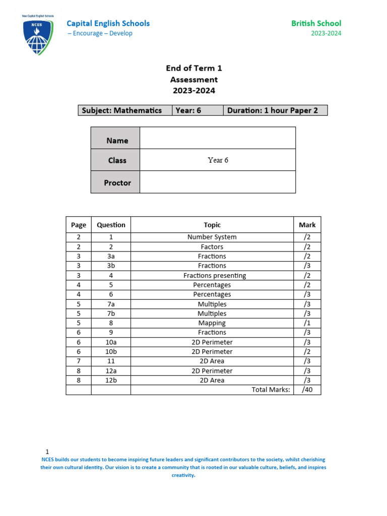Math Term 1 Year 6 Paper 2 2023-2024 NCES | PDF | Science | Mathematics