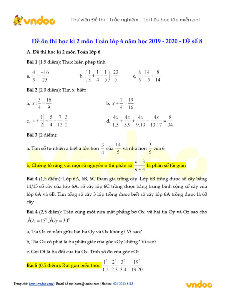 De On Thi Hoc Ki 2 Mon Toan Lop 6 Nam Hoc 2019 2020 de So 8 | PDF