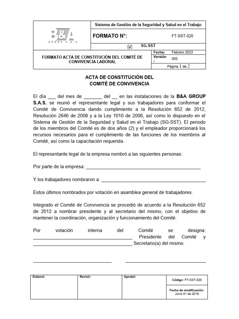 FT-SST-020 Formato Acta de Constitución del Comité de Convivencia Laboral | PDF | Gobierno