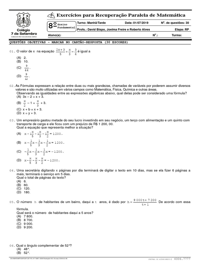 Exercícios de Matemática 8º Ano | PDF