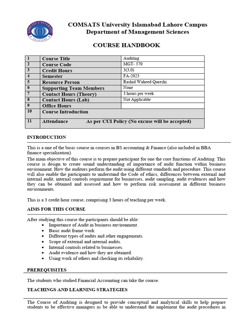 Course Outline Auditing | PDF | Audit | Internal Control