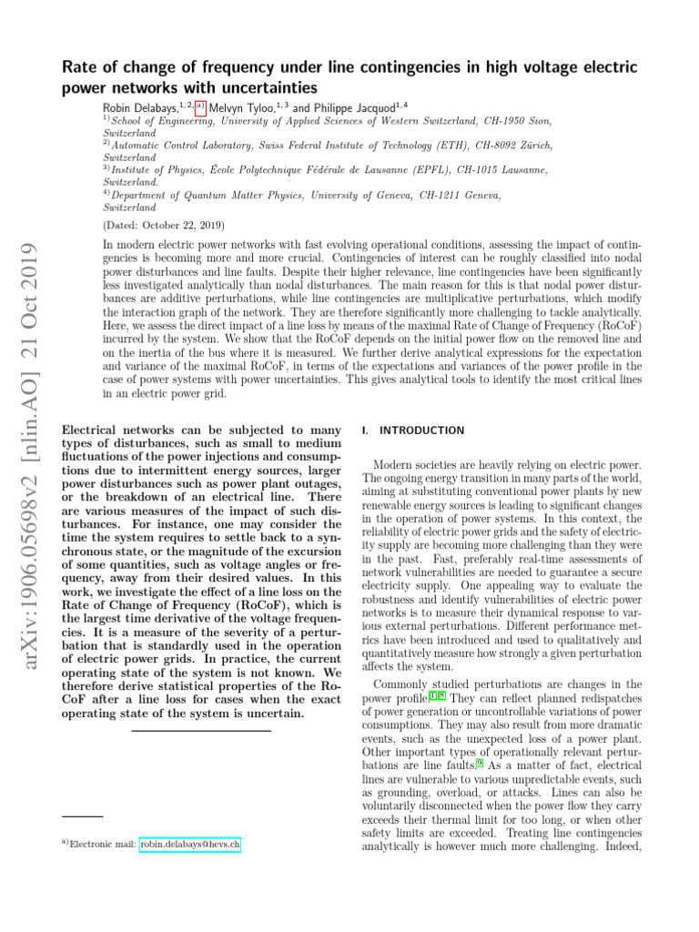 Rate of Change of Frequency Under Line Contingencies | PDF | Electric ...