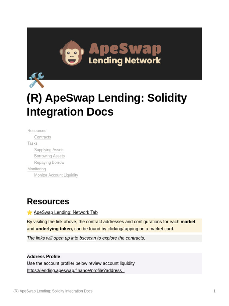 ApeSwap Lending Solidity Integration Docs | PDF | Loans | Market Liquidity ApeSwap Lending Solidity Integration Docs | PDF | Loans | Market Liquidity