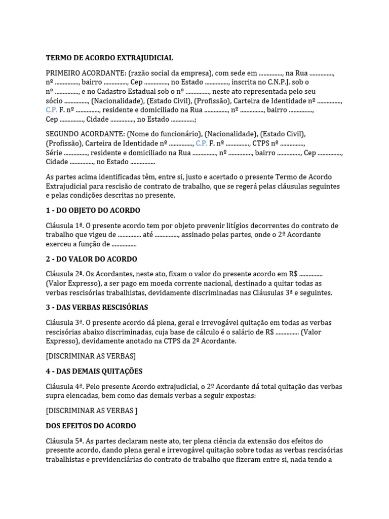 Termo de Acordo Extrajudicial Trabalhista | PDF