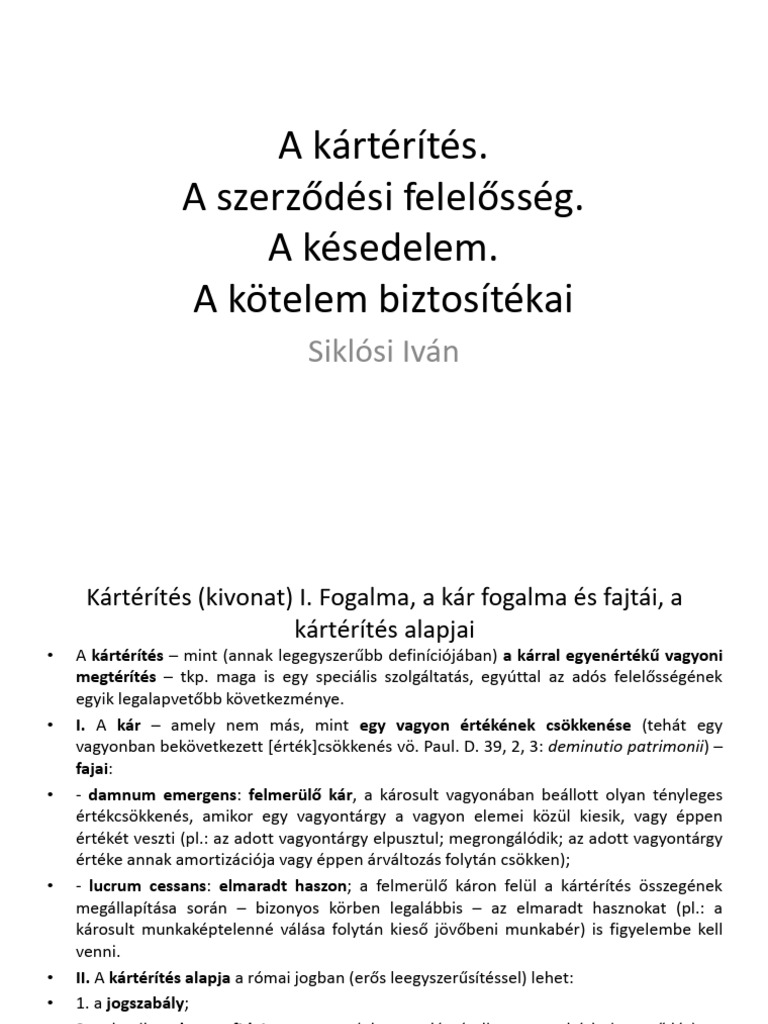 Siklósi Iván - A Kártérítés, A Felelősség A Késedelem A Kötelem ...