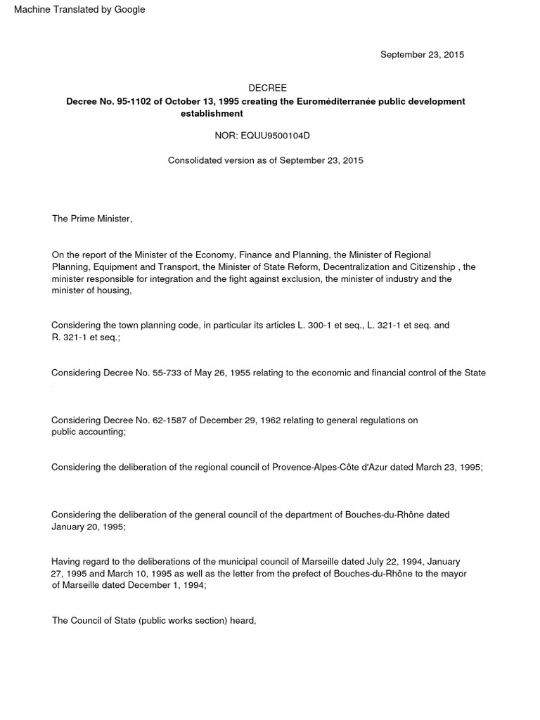 Decree creating Euroméditerranée Urban Development Agency, 1995 | PDF ...