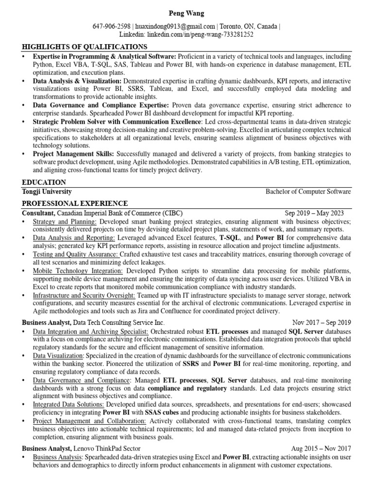 Resume Peng Wang | PDF | Project Management | Databases