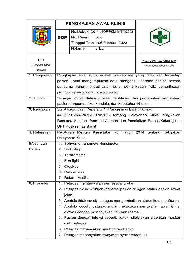 Sop Pengkajian Awal Klinis | PDF