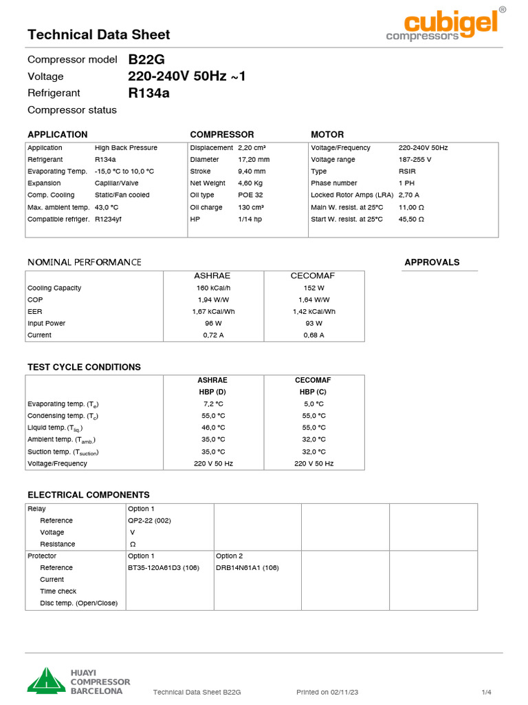 Huayi Compressor B22G R134a 220 50 | PDF