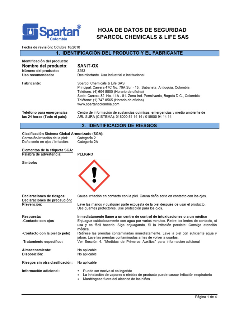 DESINFECTANTE SANIT-OX - Hoja de Seguridad | PDF | Agua | Hidrógeno