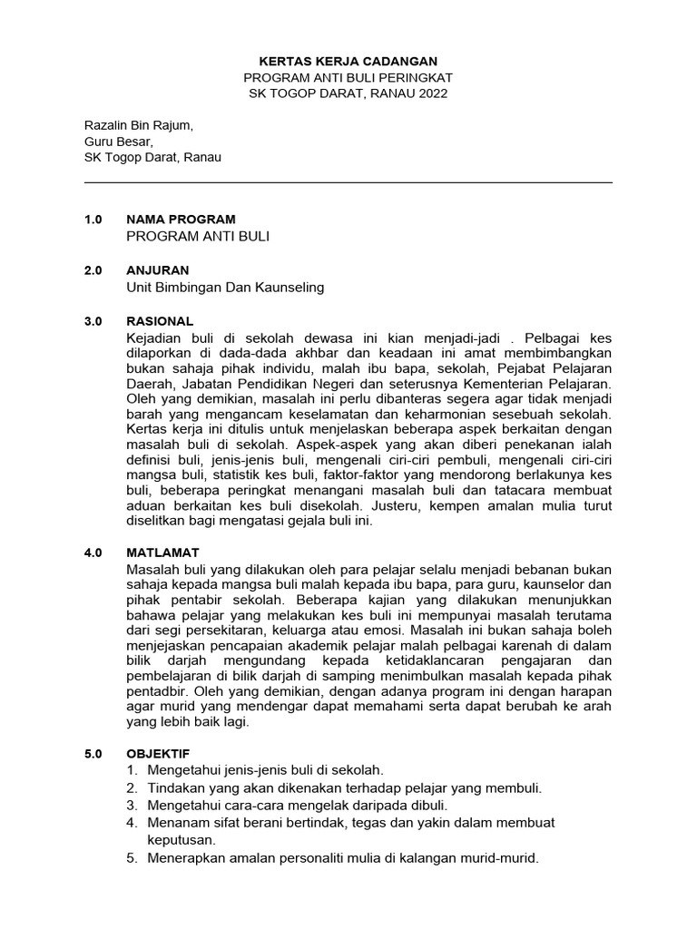 Kertas Kerja Anti Buli Minggu Baik Hati 2018 | PDF