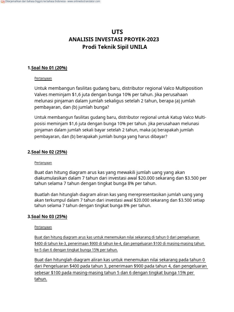 Soal UTS Investasi Proyek 17042023 01.en - Id | PDF