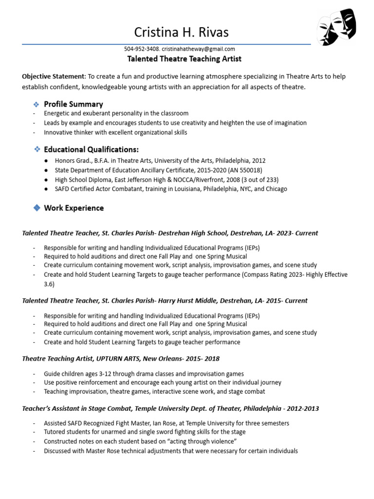 Teaching Artist Resume 12 20 23 | PDF | Individualized Education Program | Teachers