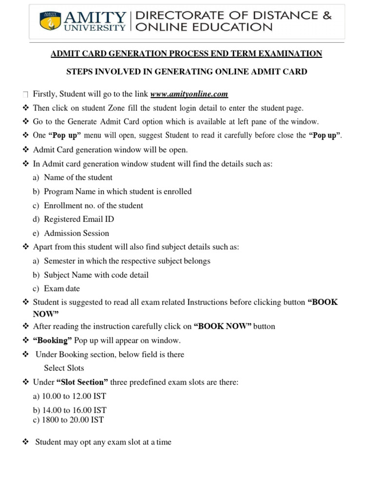 Amity Steps To Generate Admit Card | PDF