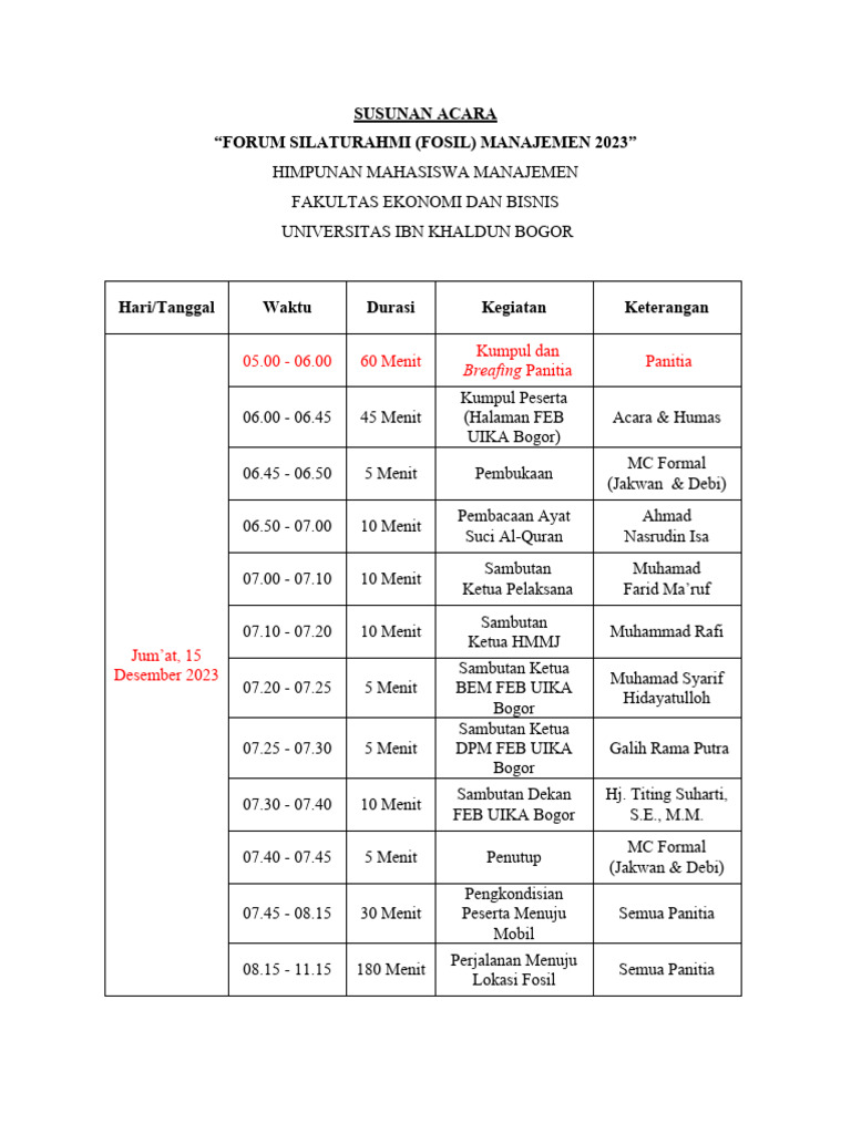 Susunan Acara "Forum Silaturahmi (Fosil) Manajemen 2023": 05.00 - 06.00 ...