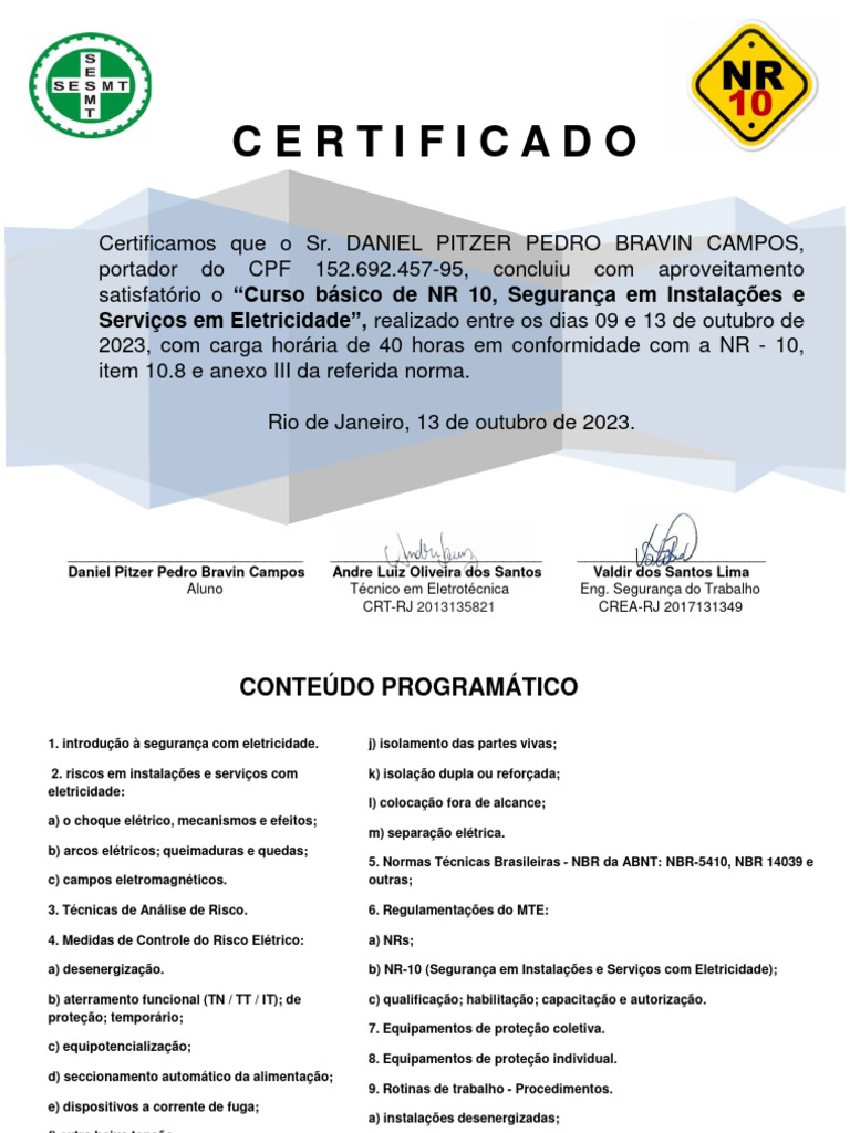 Daniel Pitzer Pedro Bravin Campos - NR 10 | PDF