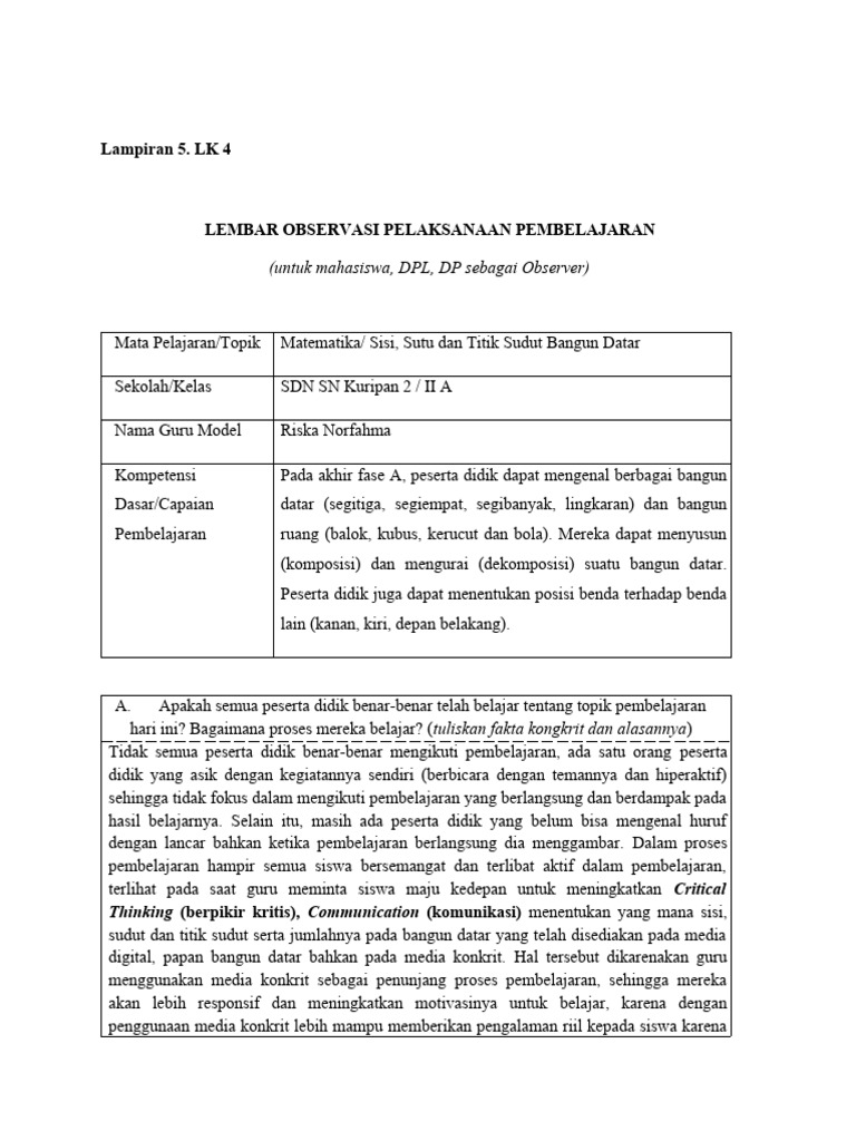 Lampiran 5. LK 4 Format Lembar Observasi Pelaksanaan Pembelajaran Untuk Observer | PDF