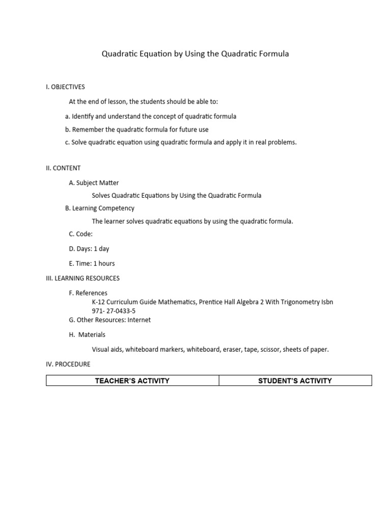 Lesson Plan | PDF | Quadratic Equation | Learning