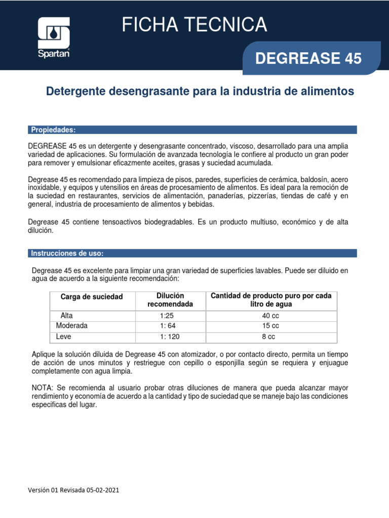 DETERGENTE MULTIUSOS DEGREASE 45 Ficha Técnica | PDF | Detergente | Agua