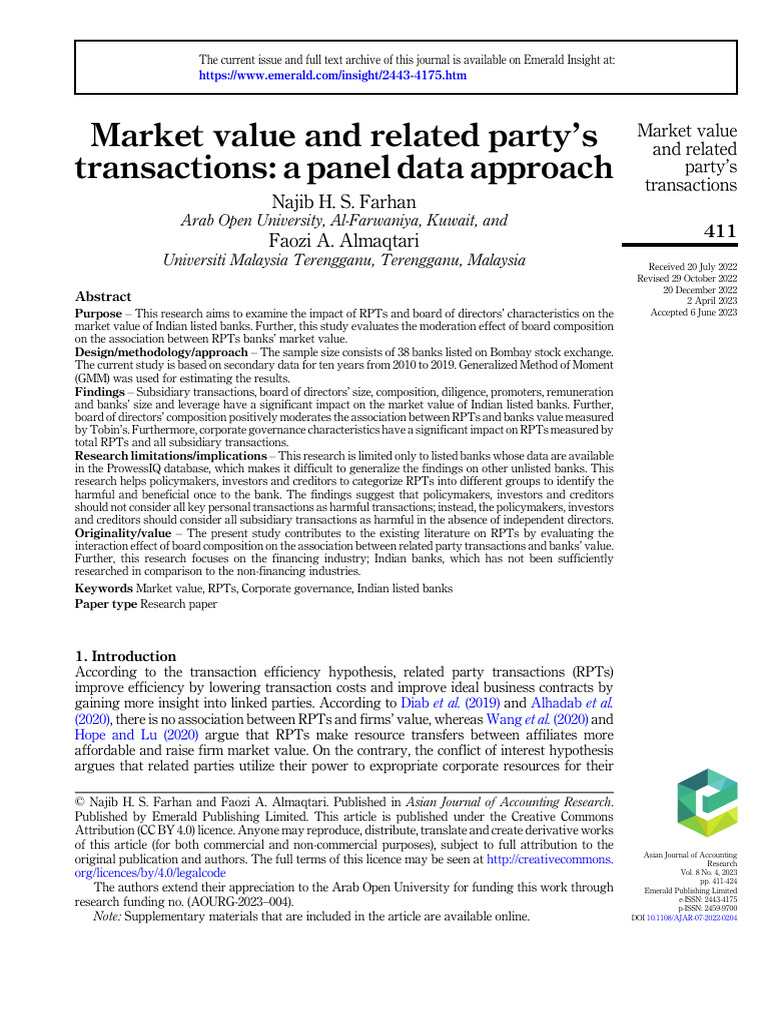 Market Value and Related Party's Transactions A Panel Data Approach (10-1108 - AJAR-07-2022-0204 ...