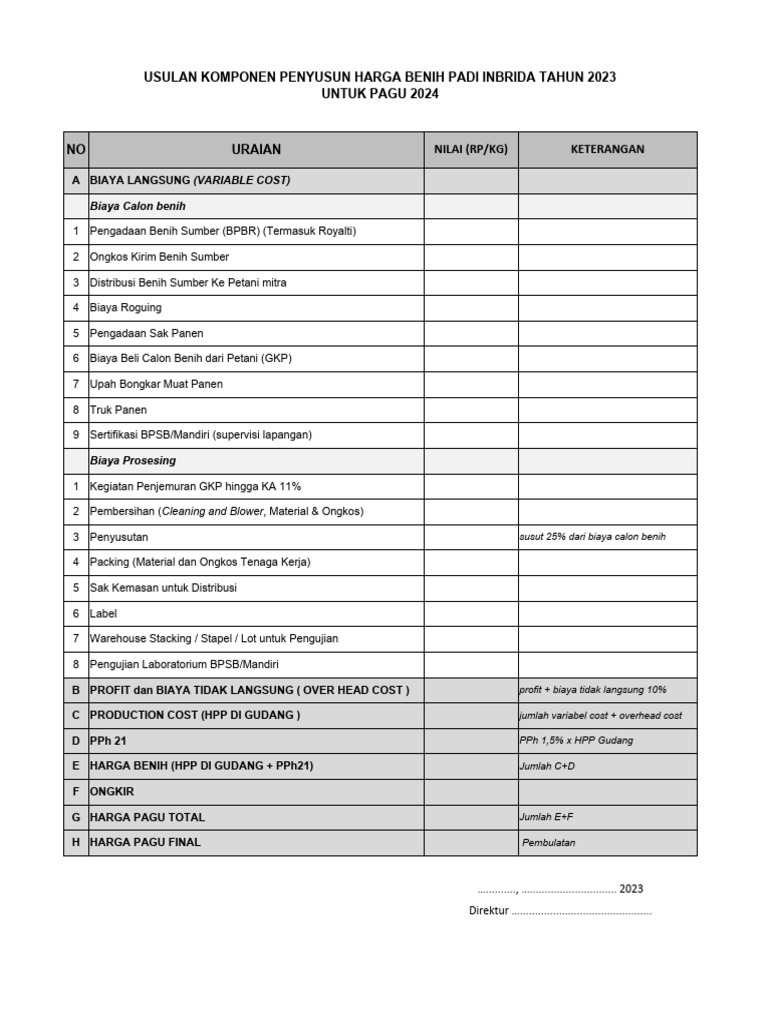 Form Komponen Penyusun Harga Benih | PDF | Teknologi & Rekayasa