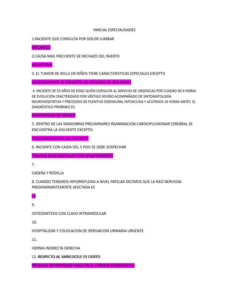 Parcial Especialidades | PDF | Especialidades Medicas | Enfermedades y ...