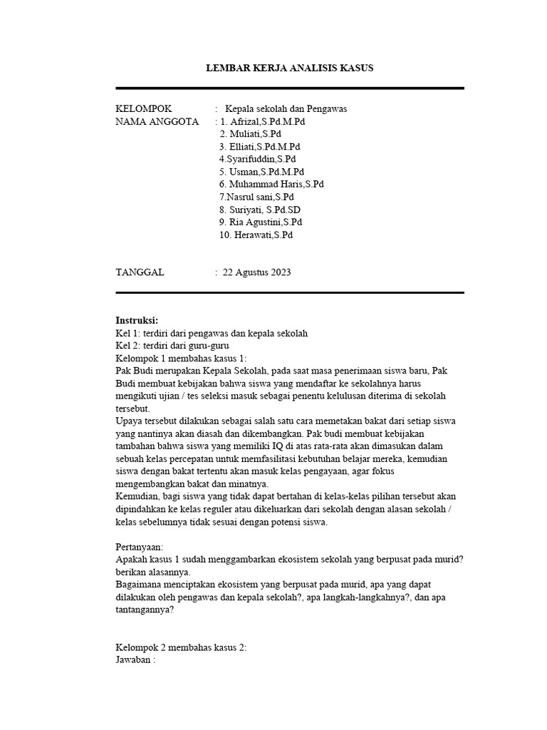 Lembar Kerja 2. Ruang Kolaborasi (Analisis Kasus) | PDF