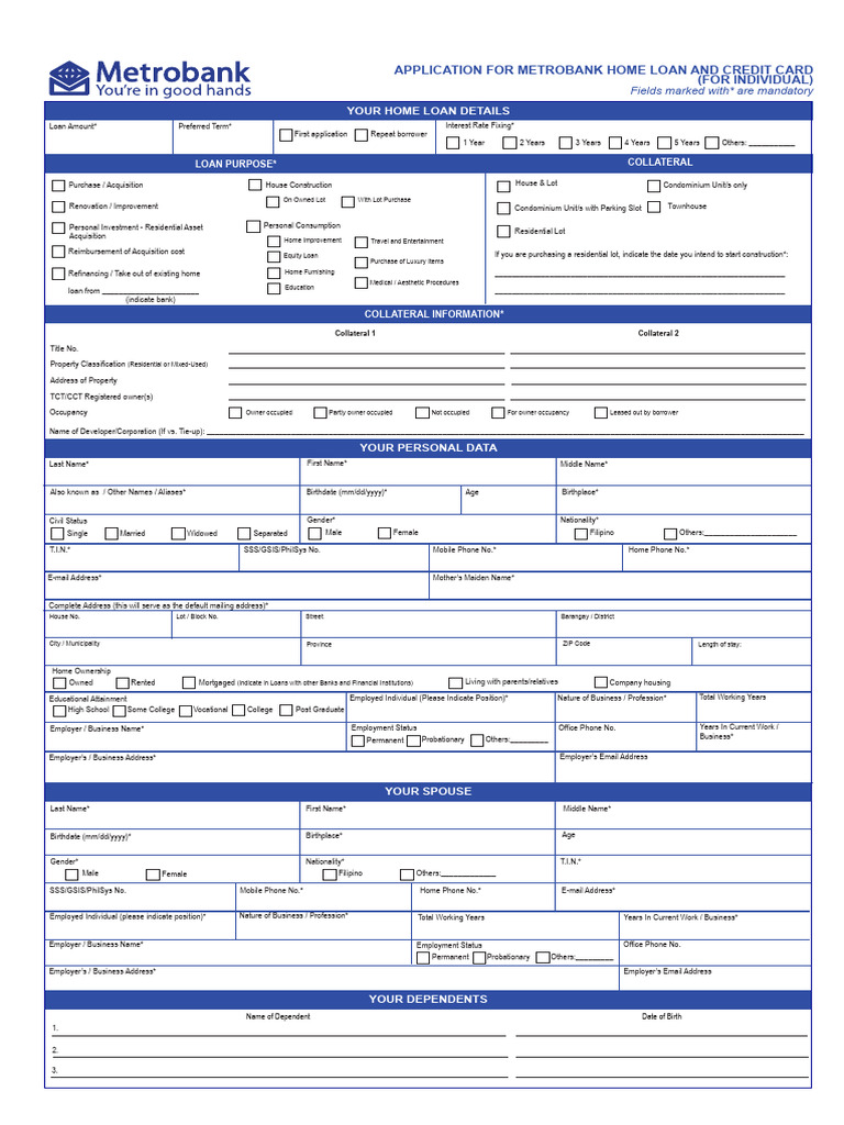 Metrobank Home Loan Application Form For Individuals | PDF | Credit ...