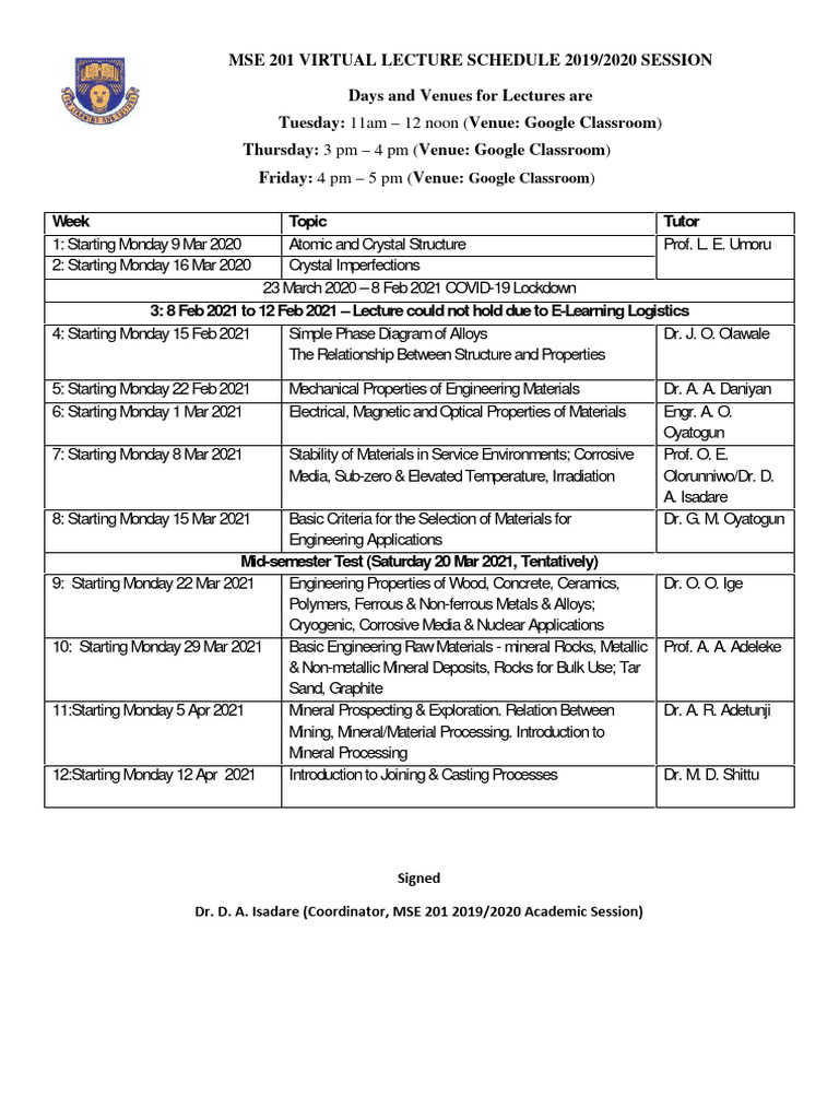MSE 201 - Course Outline-Lecture Schedule-2019-2020 | PDF | Technology & Engineering