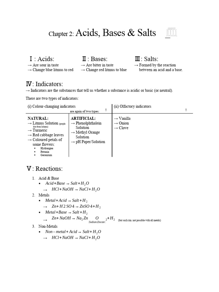 Chapter 2 - Acids, Bases and Salts - Summary | PDF