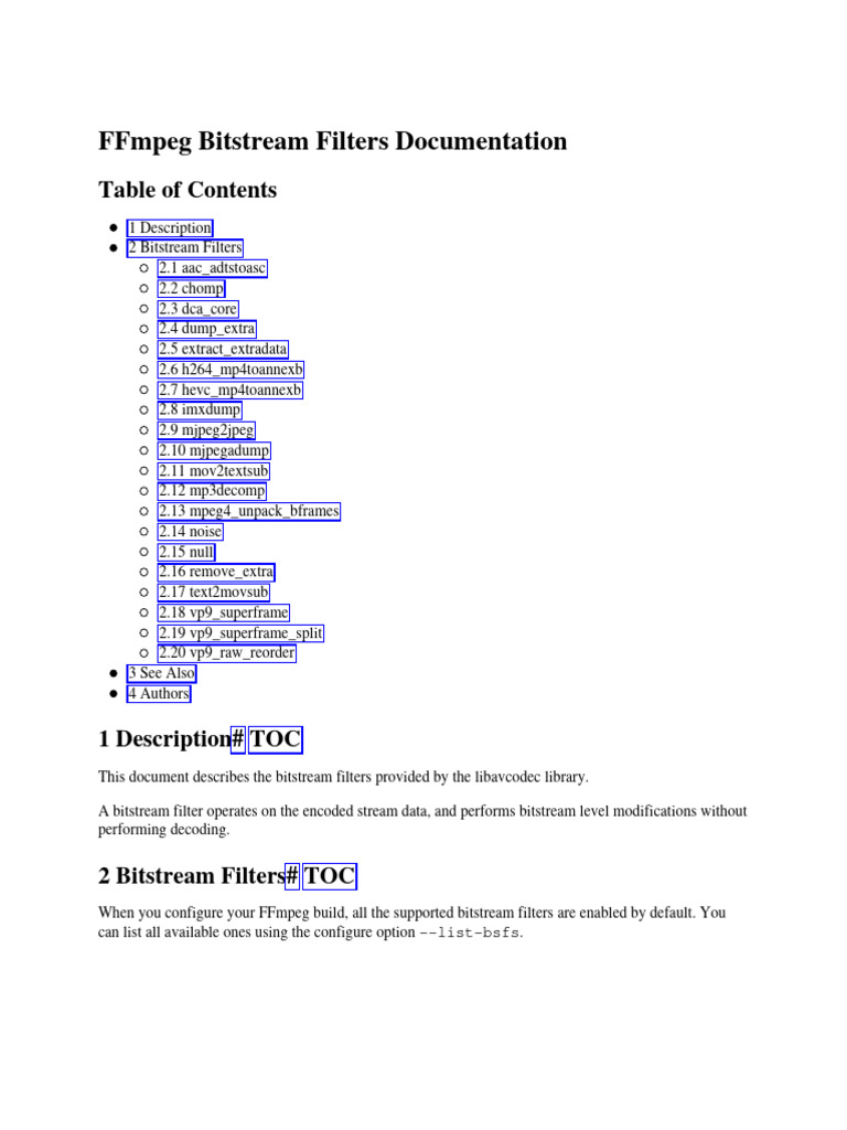 Ffmpeg Bitstream Filters | PDF | Digital Television | Videotelephony Ffmpeg Bitstream Filters | PDF | Digital Television | Videotelephony