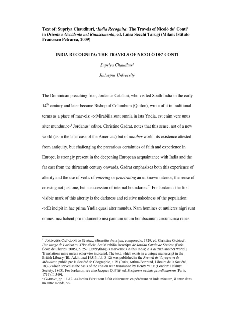 India Recognita The Travels of Nicolò De' Conti | PDF | Classics