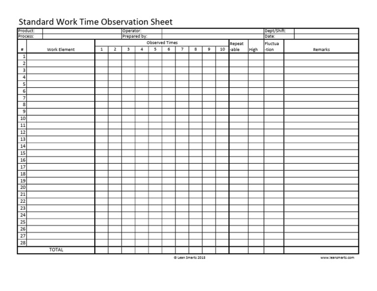 Standard Work Time Observation Sheet Template | PDF