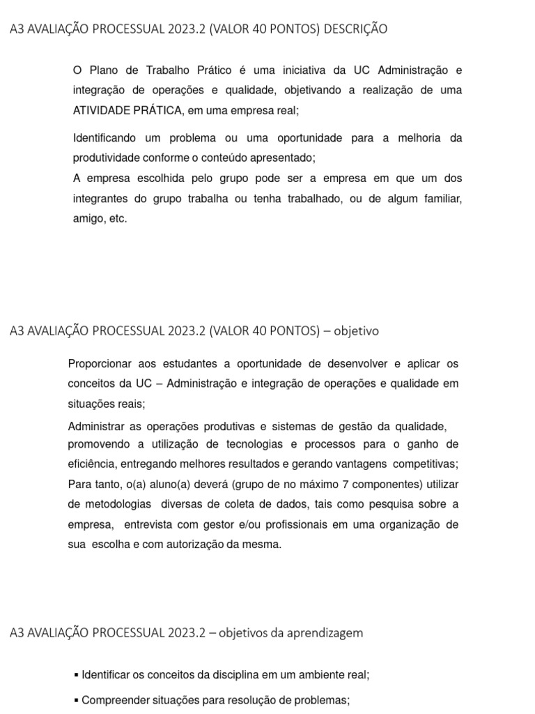 A3 Avaliacì Aì - o Processual 2023 | PDF | Qualidade (negócios) | Business