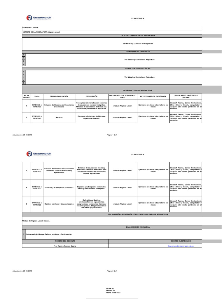 DO-FR-06 Plan de Aula Algebra Lineal - Semana | PDF | Álgebra lineal ... DO-FR-06 Plan de Aula Algebra Lineal - Semana | PDF | Álgebra lineal ...