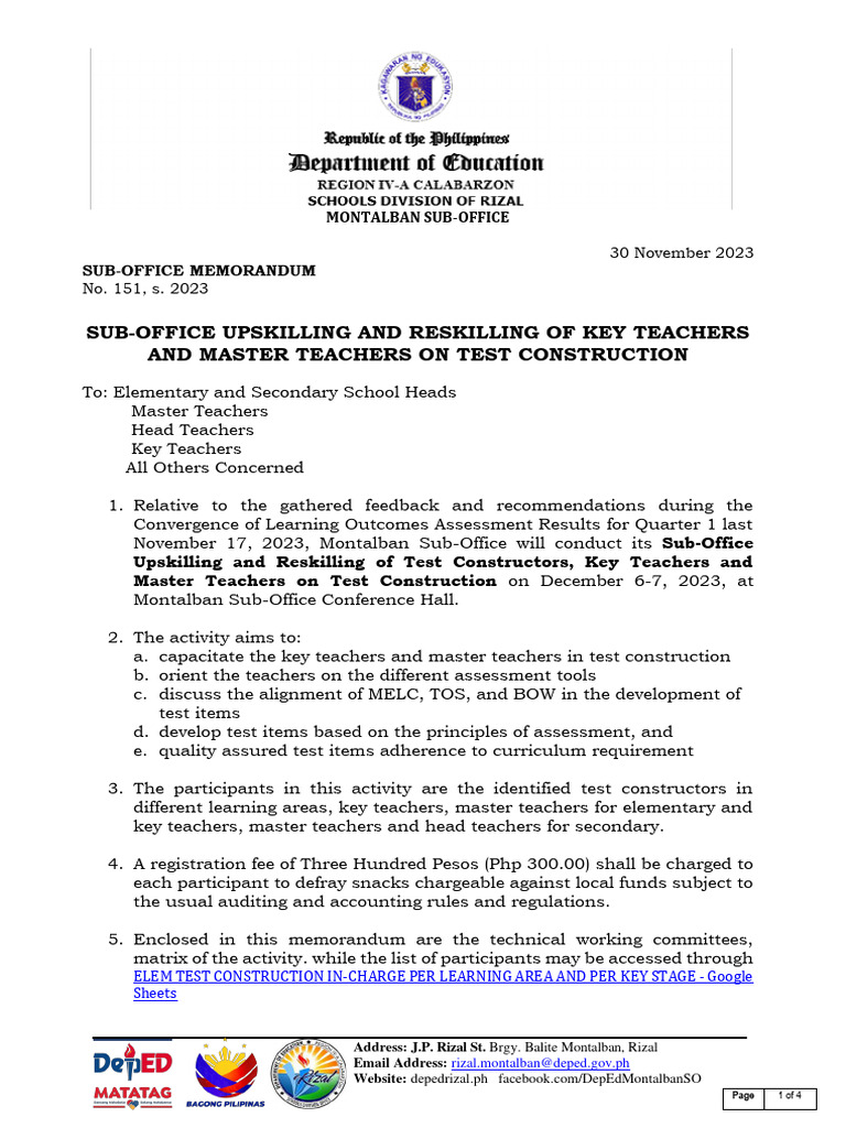 Sub Office Memorandum 151 Test Construction Training | PDF | Career ...