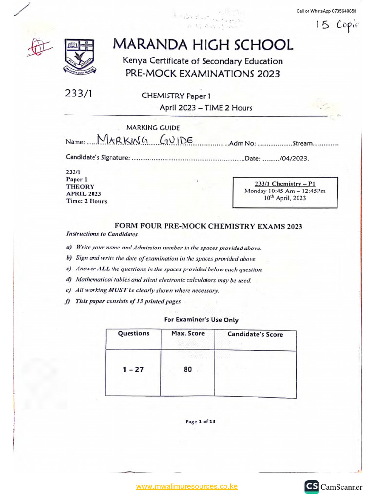 2023 Maranda Pre-Mock CHEM PP1 MS | PDF 2023 Maranda Pre-Mock CHEM PP1 MS | PDF