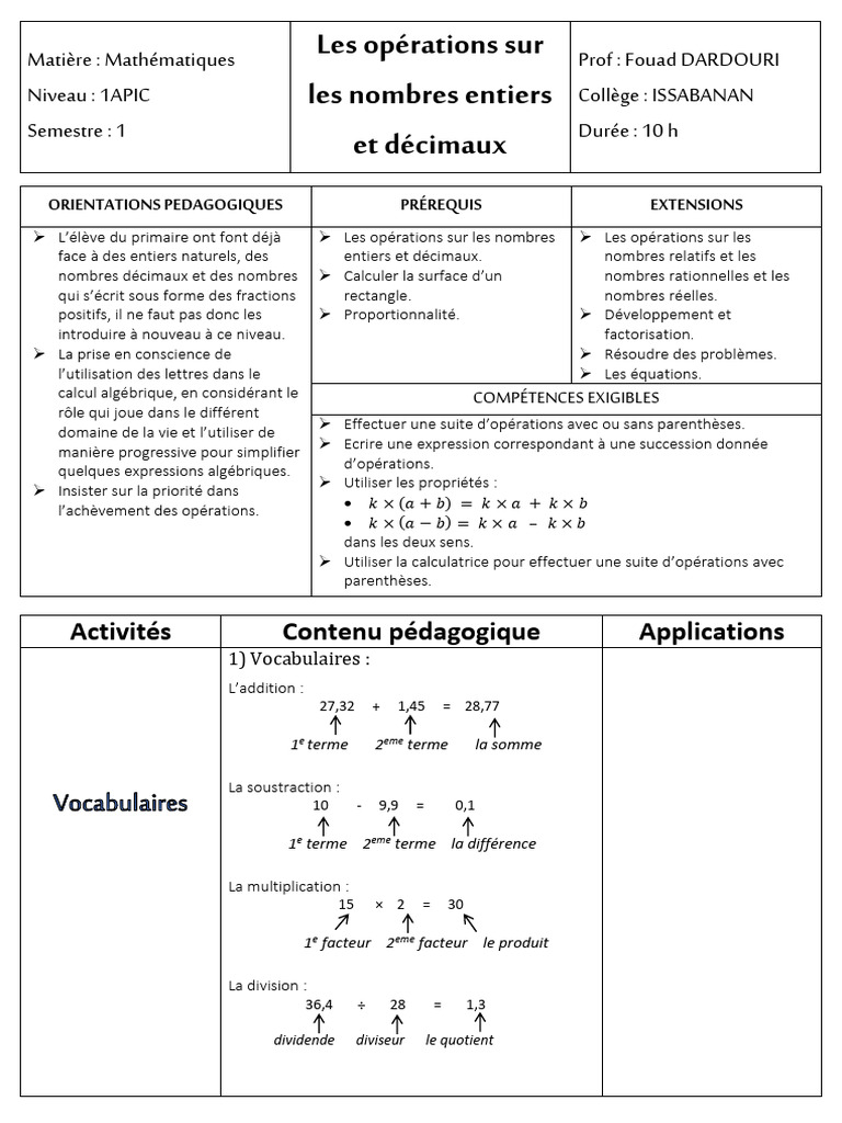 Opérations sur Nombres Entiers et Décimaux | PDF