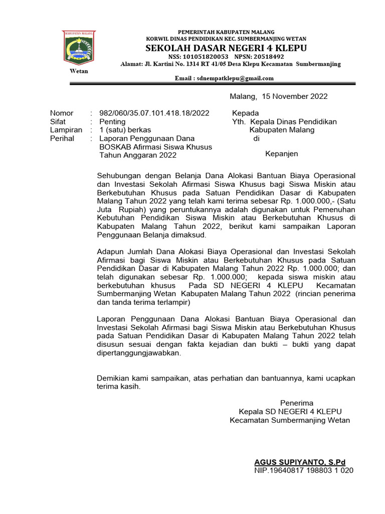 Format SPJ Siswa Miskin SD 2022 SDN 4 Klepu | PDF | Pengelolaan Keuangan & Uang