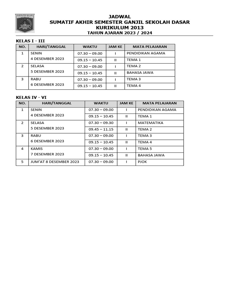 JADWAL SUMATIF AKHIR SEMESTER GANJIL TUREN SD Th. 2023-2024 EDIT | PDF | Kajian Bahasa Asing
