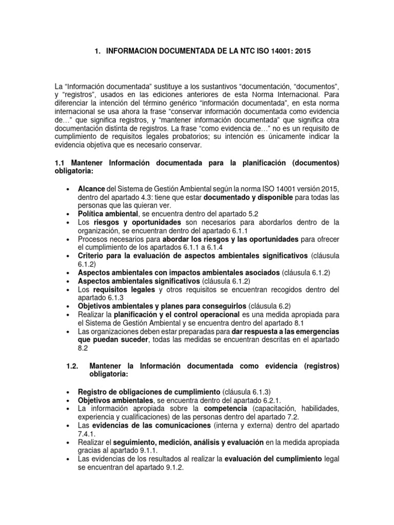 Informacion Documentada NTC Iso 14001 2015 | PDF | Información | Auditoría Informacion Documentada NTC Iso 14001 2015 | PDF | Información | Auditoría