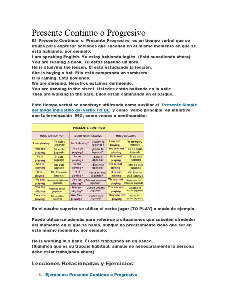 Presente Continuo o Progresivo | PDF | Verbo | Morfología Lingüística