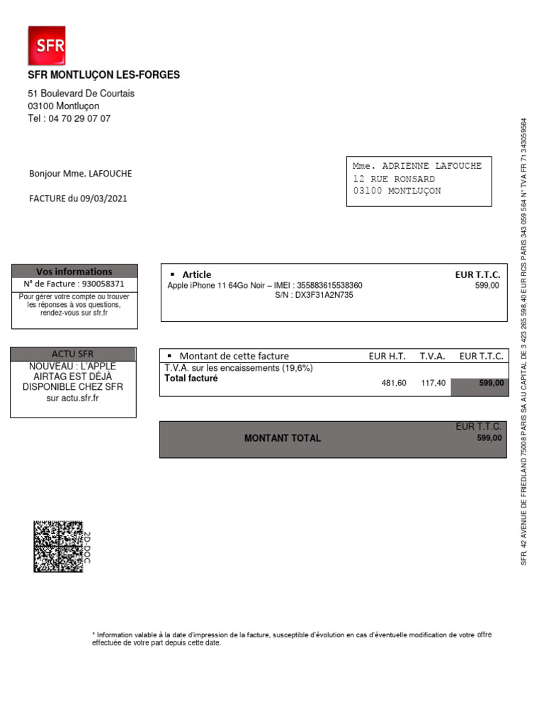 SFR FACTURE Iphone 11 Noir | PDF